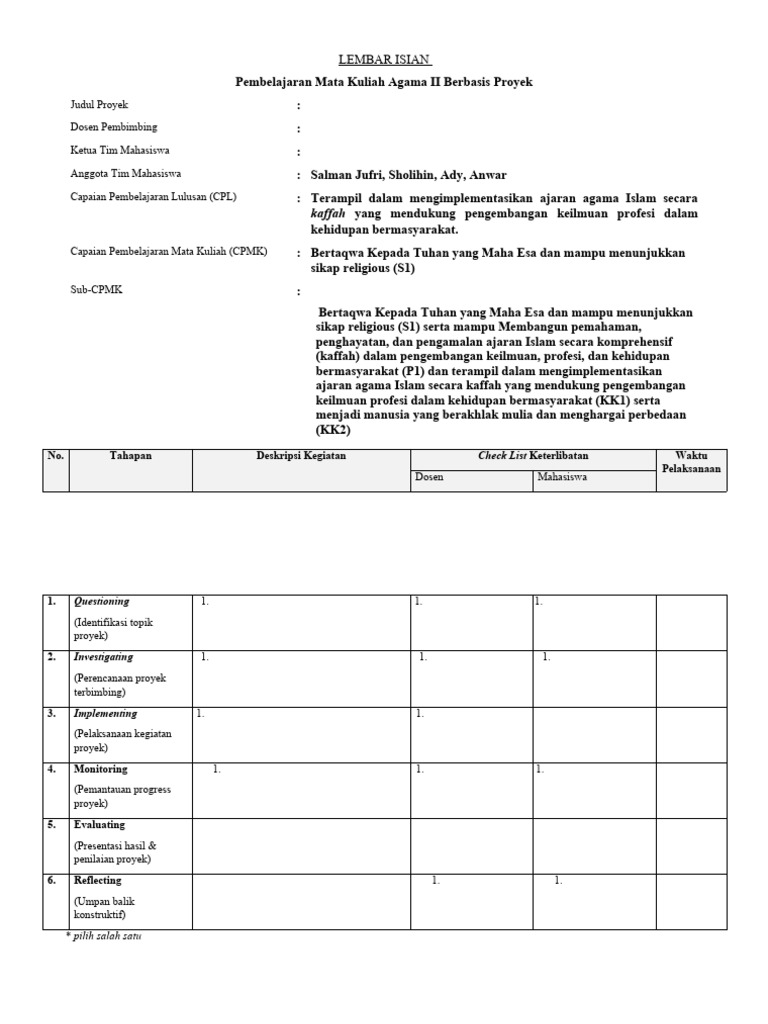LEMBAR ISIAN Pembelajaran MKWK Berbasis Proyek-1 | PDF