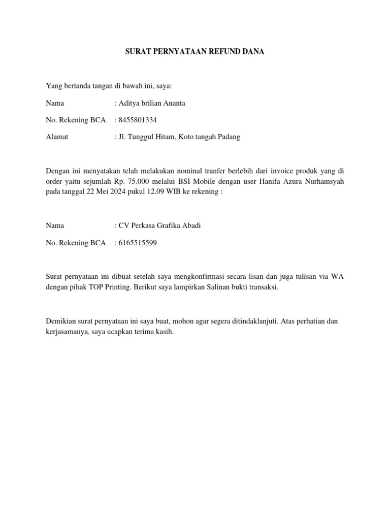 Surat Pernyataan Refund Dana | PDF