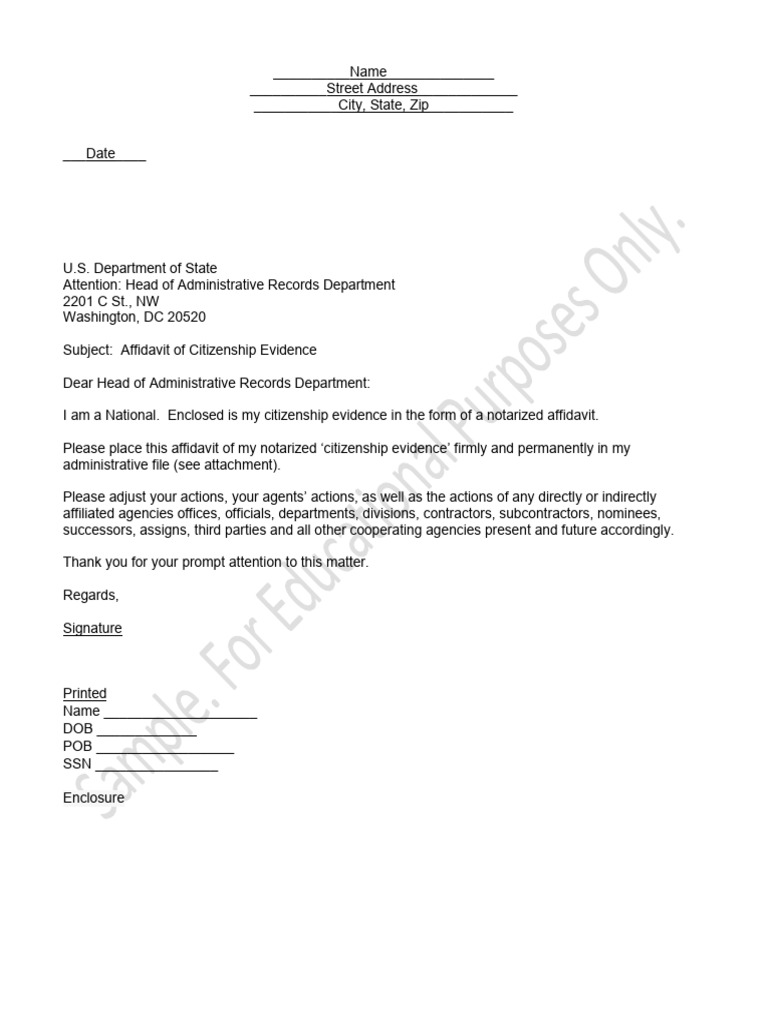 Cover Letter For Affidavit of Citizenship Evidence | PDF