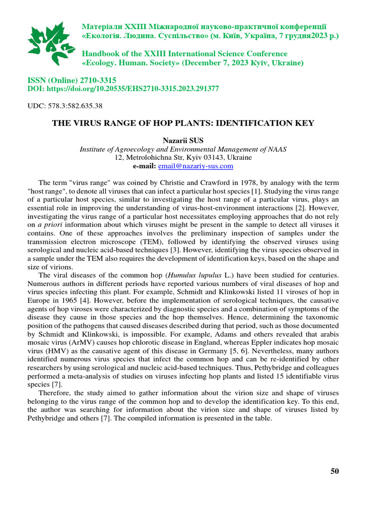 The Virus Range of Hop Plants: Identification Key | PDF | Virus | Infection