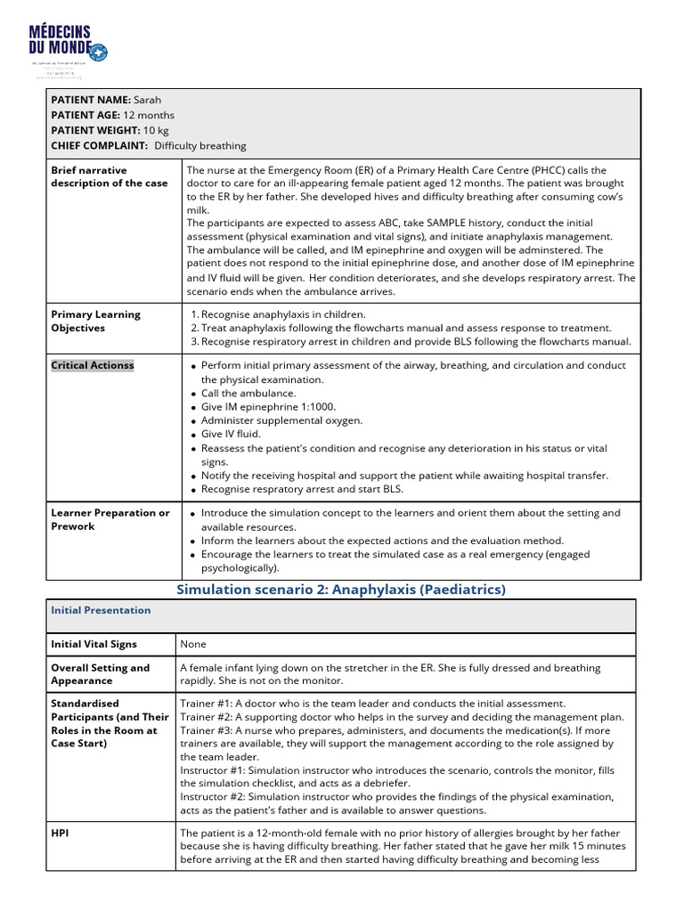 Simulation Scenario #2 (Anaphylaxis (Paediatrics) ) | PDF | Cardiopulmonary Resuscitation ...