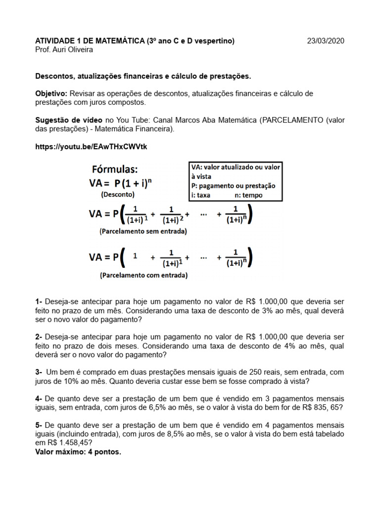 Matemática Financeira: Descontos e Juros Compostos | PDF | Valor Presente líquido | Taxa interna ...