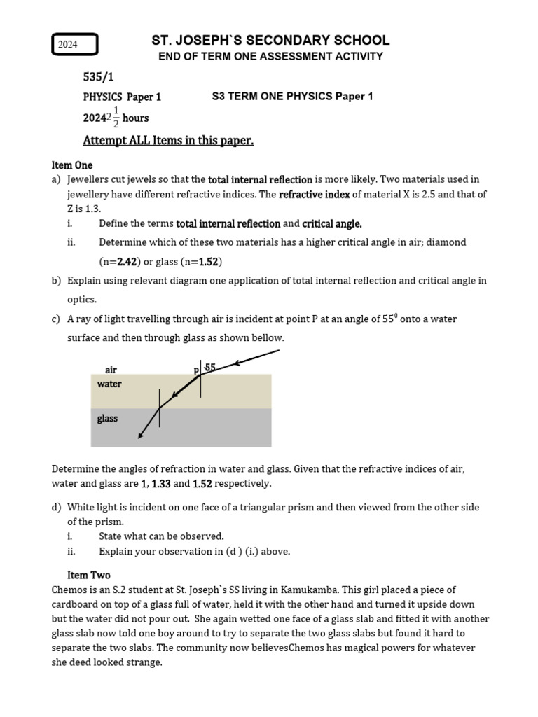 S3 Physics | PDF | Refraction | Refractive Index