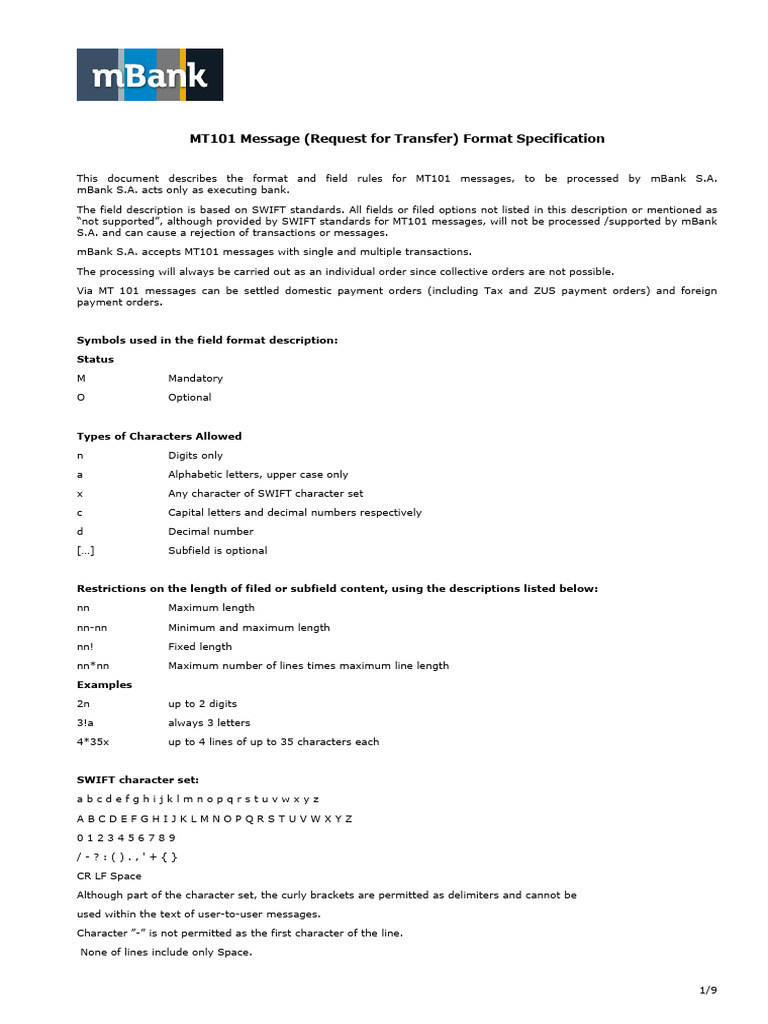 MT101 Message (Request For Transfer) Format Specification | Download ...