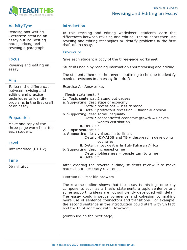 revising-and-editing-an-essay-worksheet | Download Free PDF | Poverty ...