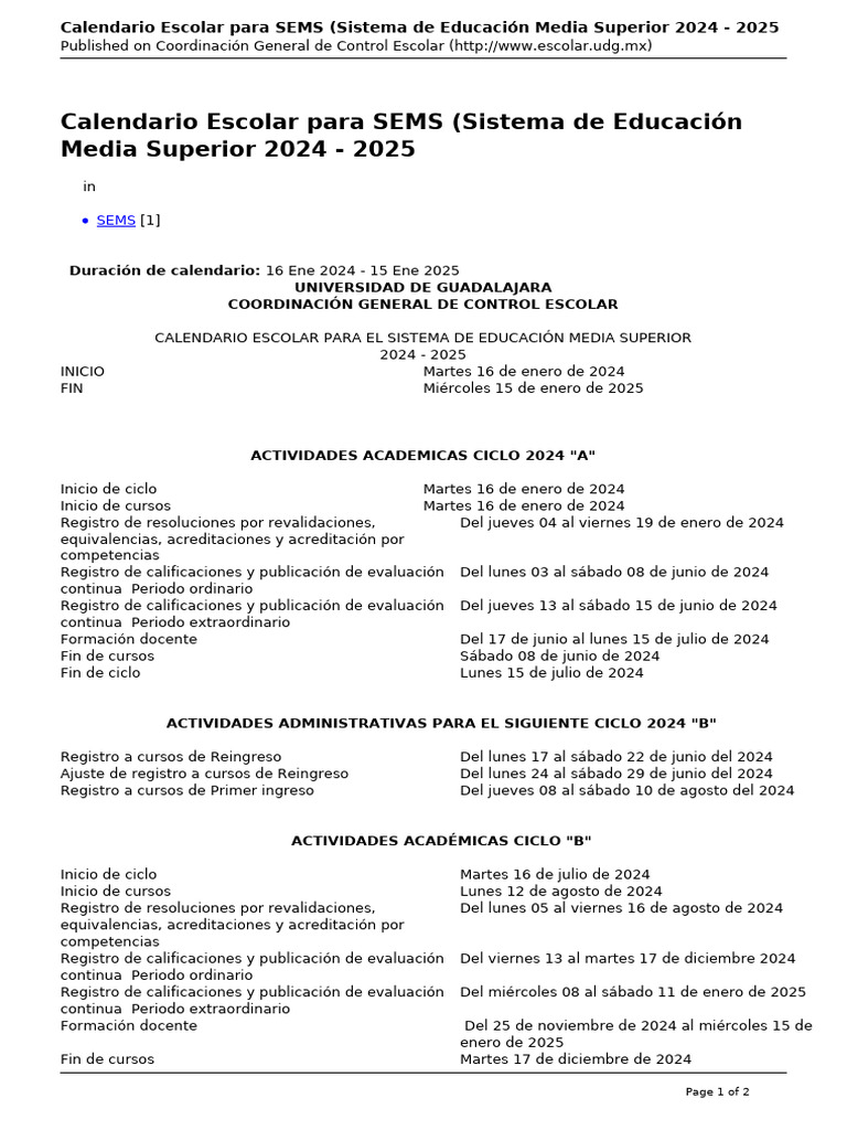 Calendario Sems Udg 2024 | PDF | Calendario