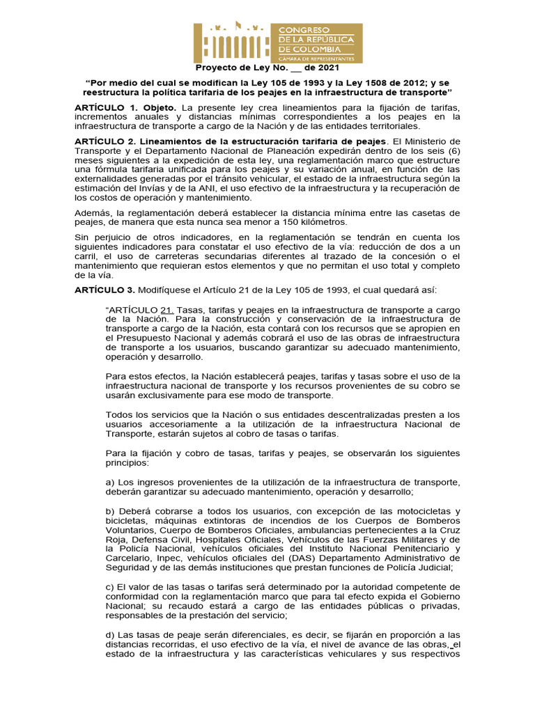 p.l.602-2021c (Tarifas de Peajes) | PDF | Concesión (contrato) | Economias