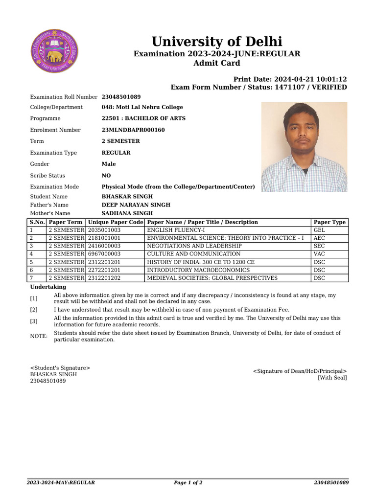 Delhi University 2023-24 Admit Card | PDF