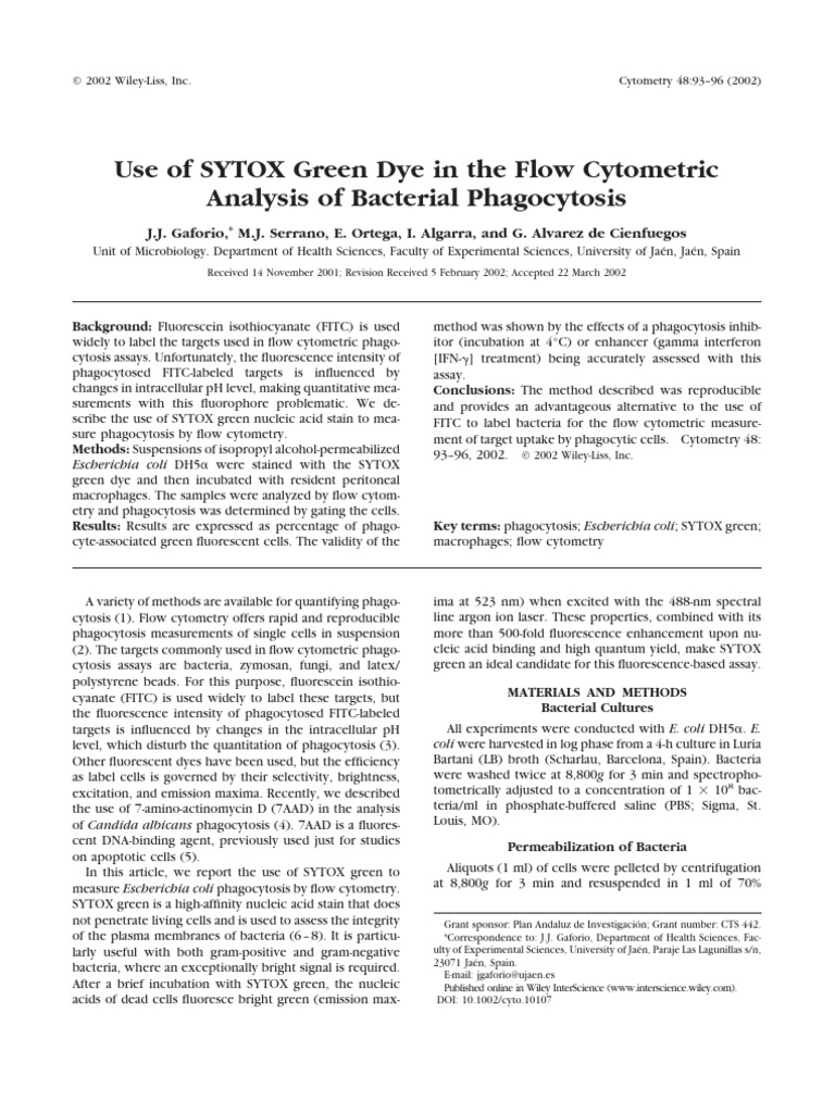 Cytometry - 2002 - Gaforio - Use of SYTOX green dye in the flow ... Cytometry - 2002 - Gaforio - Use of SYTOX green dye in the flow ...