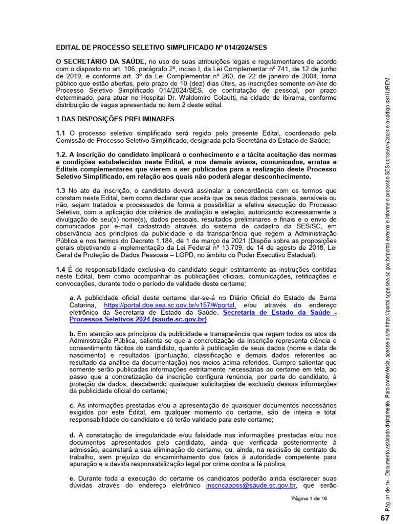 Edital Pss 014 2024 HWC Ibirama | PDF | Pós-graduação