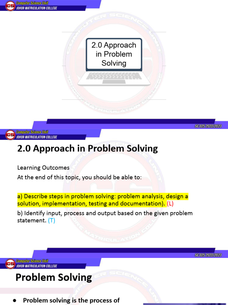 20 Approach In Problem Solving 20222023 Pdf Algorithms Inputoutput