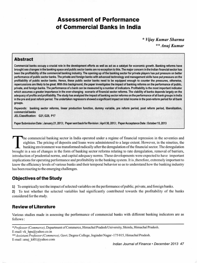 Assessment of Performance of Commercial Banks in India | Download Free ...