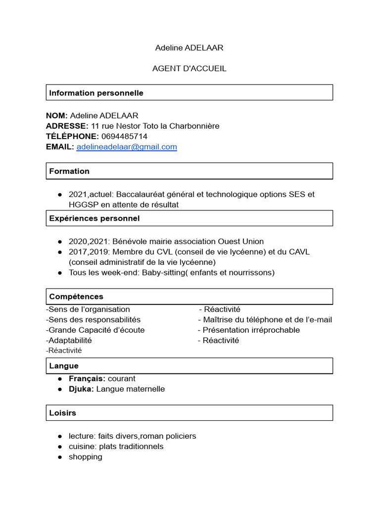 CV d'Adeline Adelaar - Agent d'Accueil | PDF | Bien-être
