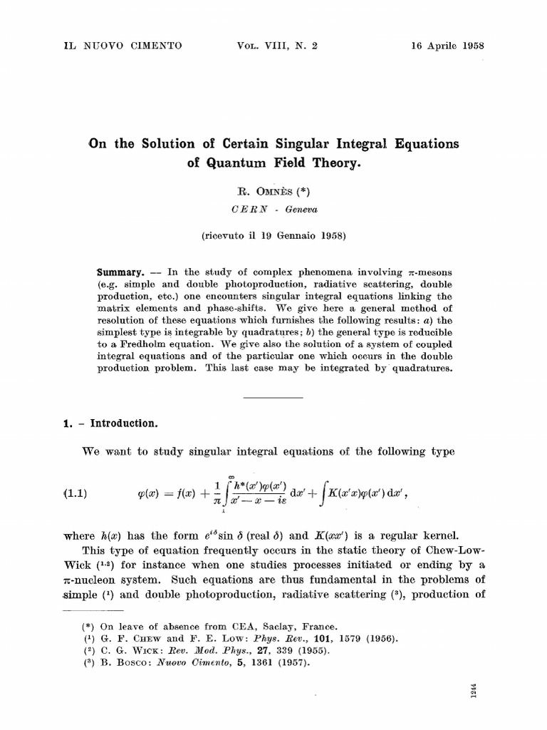 On The Solution of Certain Singular Integral Equations of Quantum Field Theory PDF | PDF ...