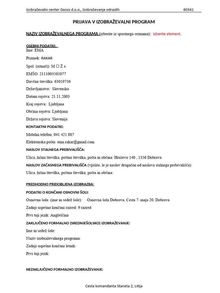 INFORMATIVNA PRIJAVA V IZOBRAŽEVALNI PROGRAM | PDF