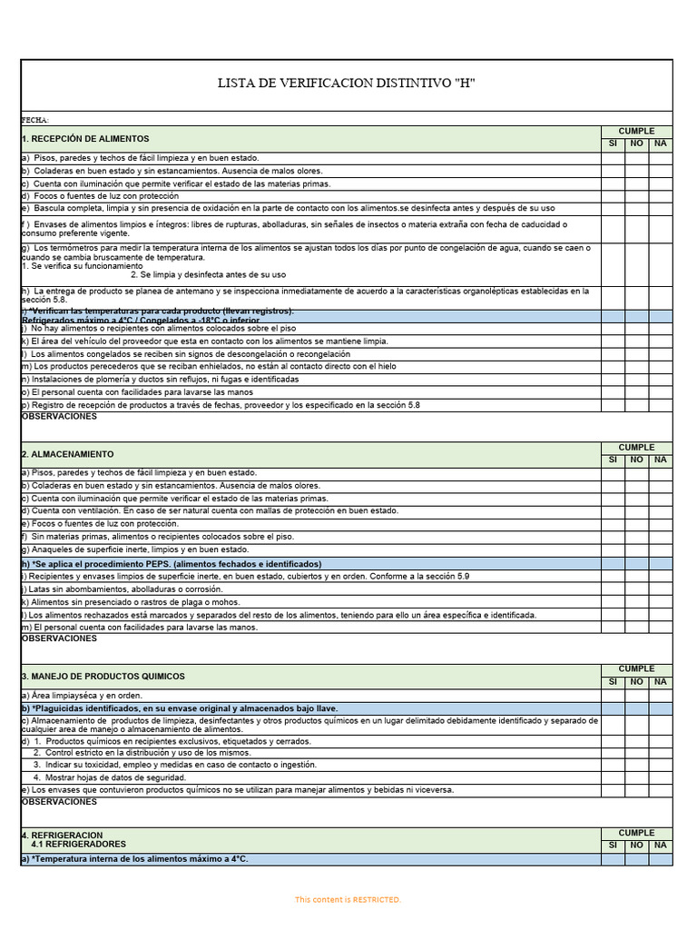 CHECK LIST DE COMEDORES (1) | Descargar gratis PDF | Alimentos | Agua