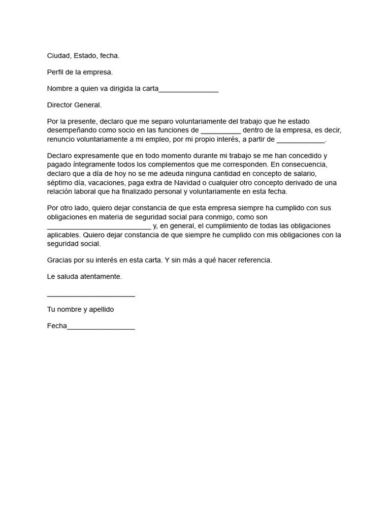 Modelo de Carta de Renuncia Como Socio de Una Empresa Gratis para ...