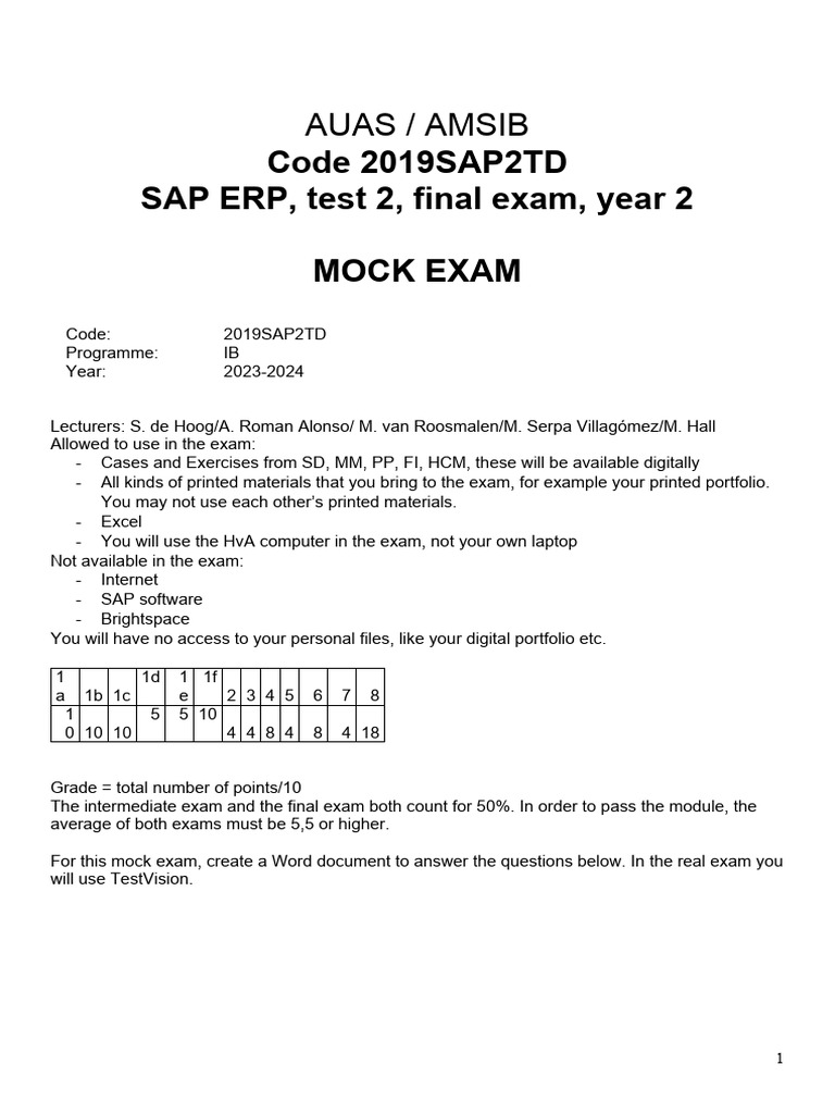 SAP Mock Final Exam and Answers | PDF | Debits And Credits | Receipt