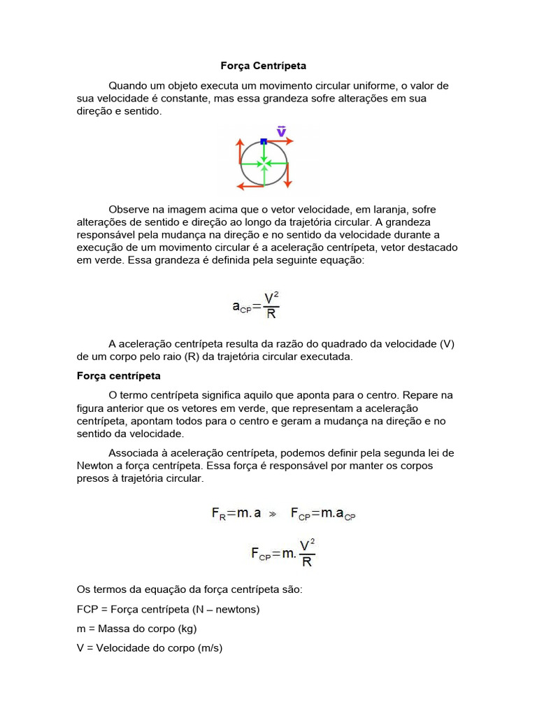Força Centrípeta trab. mecanico e força gravitacional | PDF | Força ...