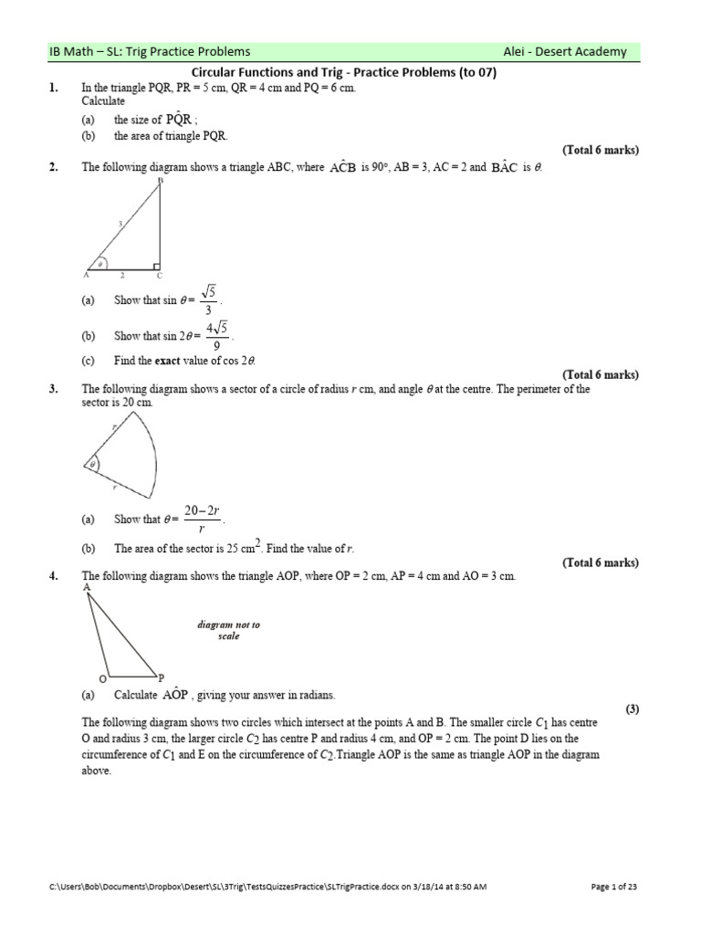 IB Math - SL - Trig Practice Problems Alei (PDFDrive) | PDF | Area | Circle