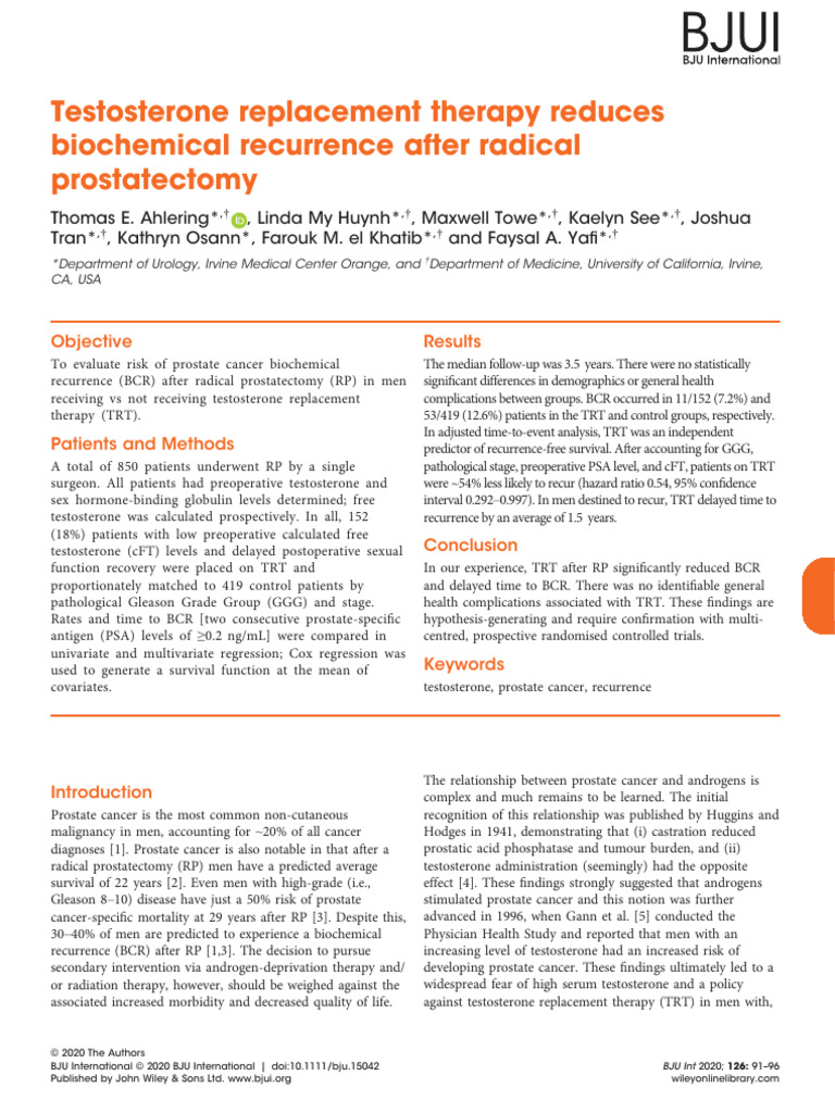 Testosterone Replacement Therapy Reducesbiochemical Recurrence After ...