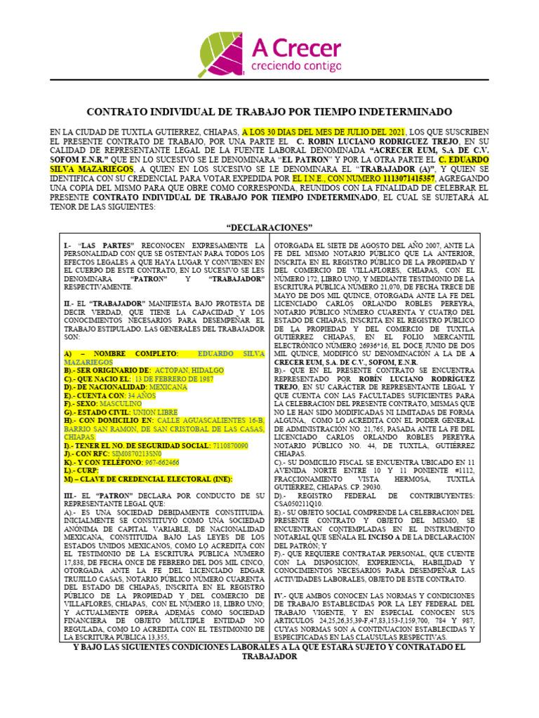 1 Contrato de Trabajo Por Tiempo Indefinido Revisado Acrecer | PDF | Derecho laboral | Seguro