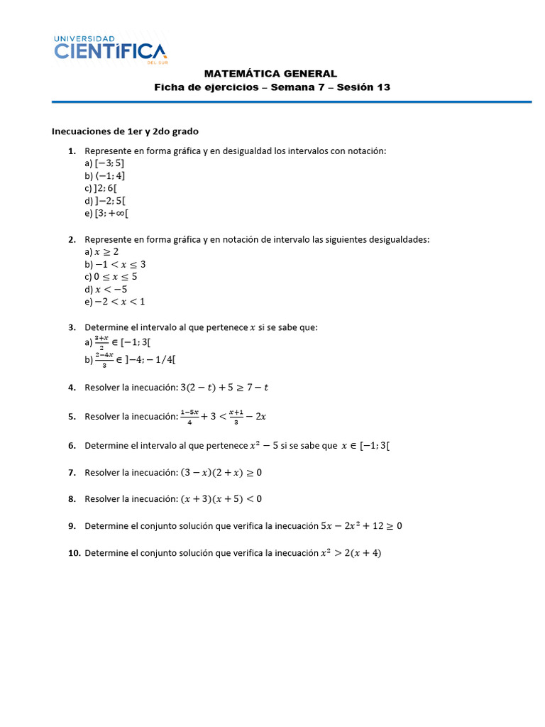 FICHA DE PRÁCTICA 11 - Mat Gral - Sem07 - Sesión 13 (Inecuaciones) | PDF
