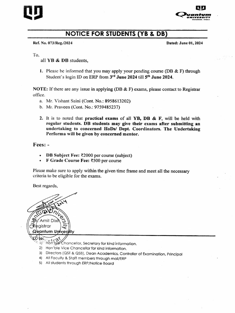 YB Exam Notice For Students-2024 | PDF