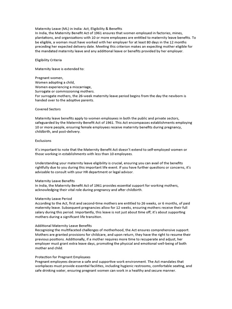 Maternity Leave in India: Eligibility & Benefits | PDF | Parental Leave ...