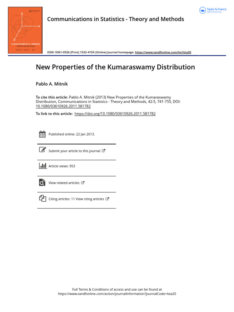 New Properties Of The Kumaraswamy Distribution Pdf Statistical