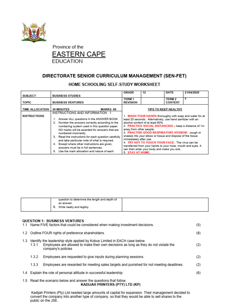 BSTD GR 12 Work Sheet 21 4 20 | PDF