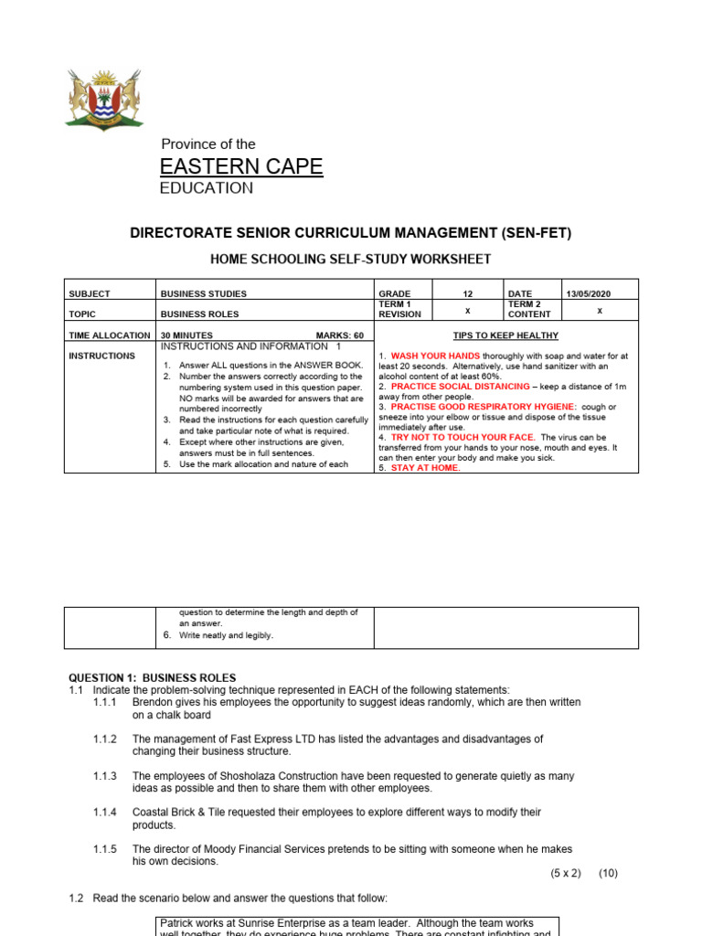 Business Studies Grade 12 Work sheet 13 5 20 Business Roles | PDF