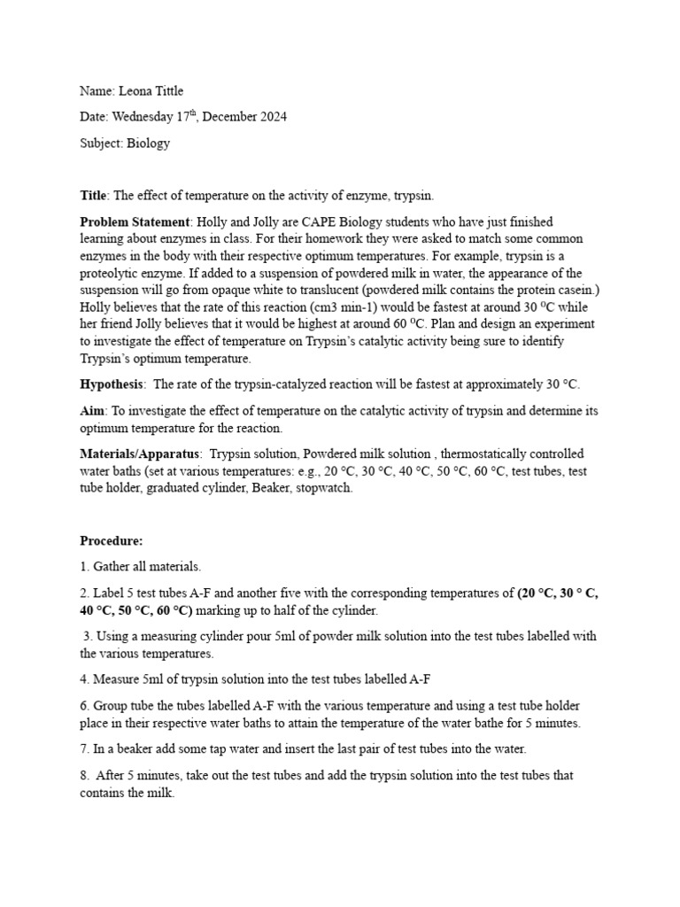 Biology PND Lab. Leona Tittle | PDF | Trypsin | Experiment