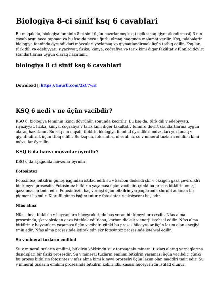 Biologiya 8 Ci Sinif KSQ 6 Cavablari | PDF
