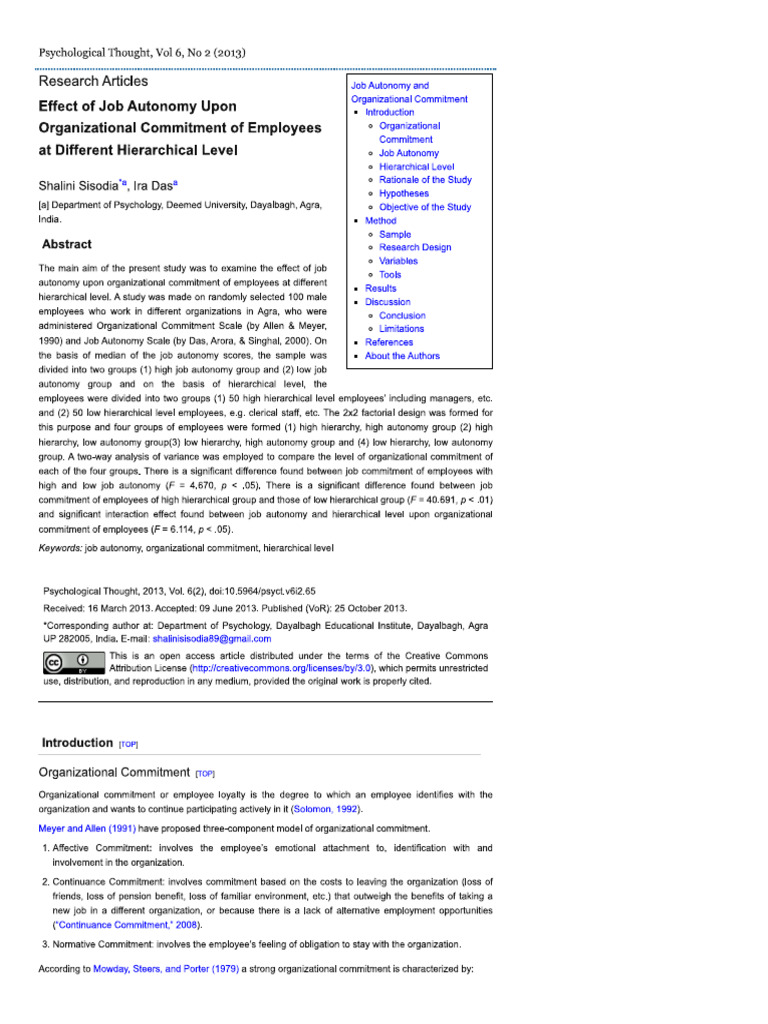 Effect of Job Autonomy Upon Organizational Commitment of Employees at ...