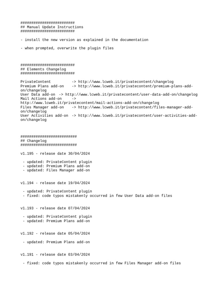 MANUAL UPDATE INSTRUCTIONS - CHANGELOG | Download Free PDF | Word Press | Plug In (Computing)