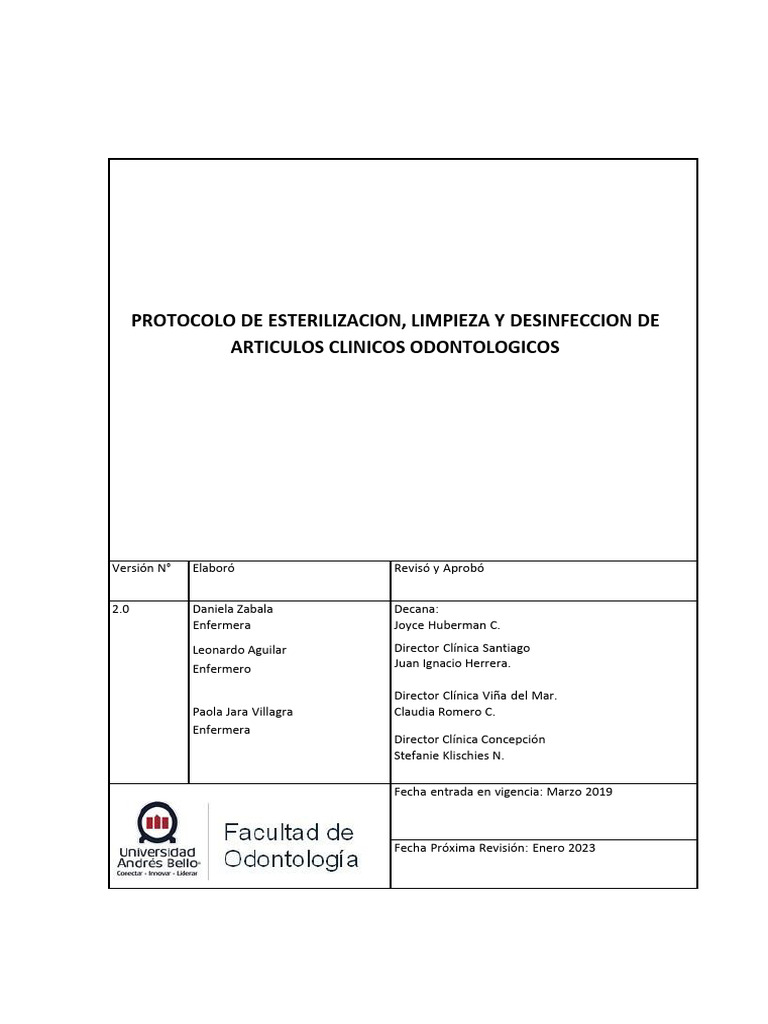 Protocolo de Esterilizacion Limpieza y Desinfeccion de Articulos Clinicos Odontologicos. | PDF ...