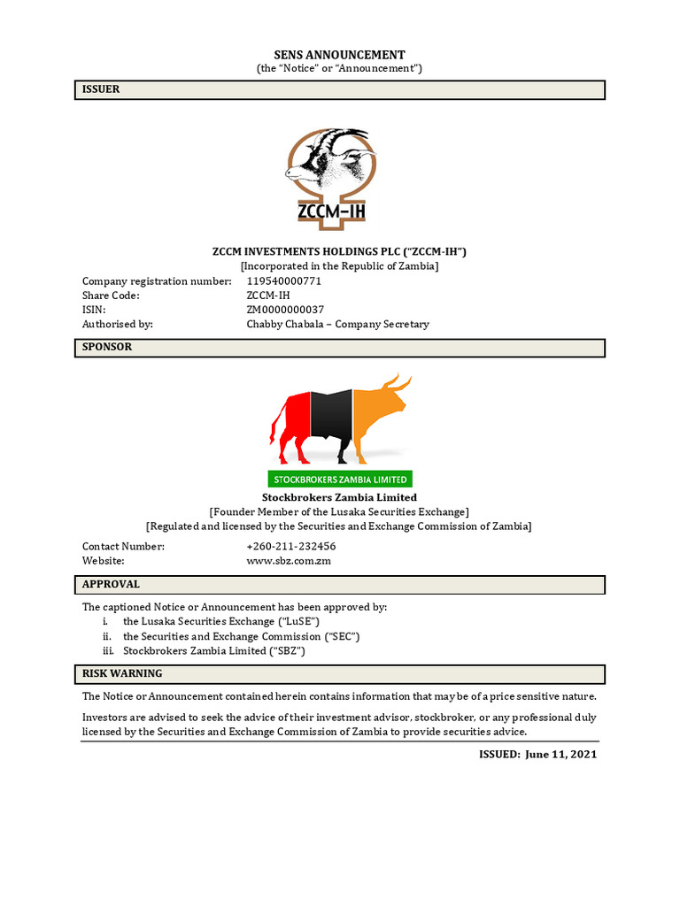 ZCCM-IH - Trading Statement December 2019 Results SENS - 11062021 | PDF ...