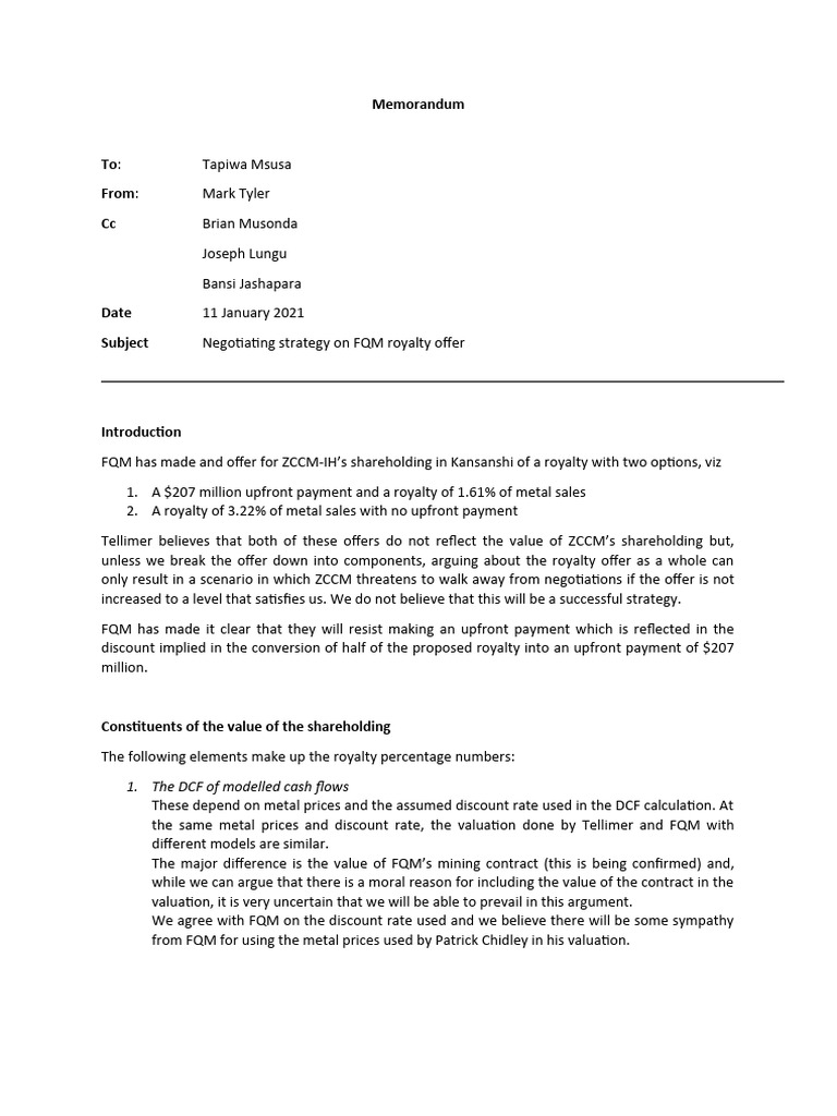 Memorandum | PDF | Valuation (Finance) | Royalty Payment