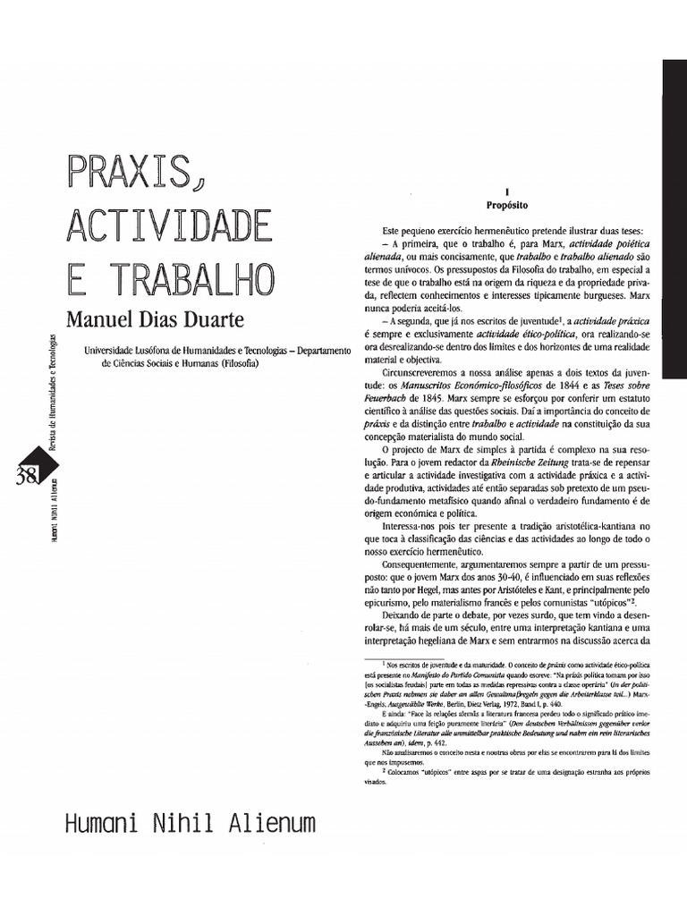 Manuel Dias Duarte Praxis Atividade e Trabalho | PDF