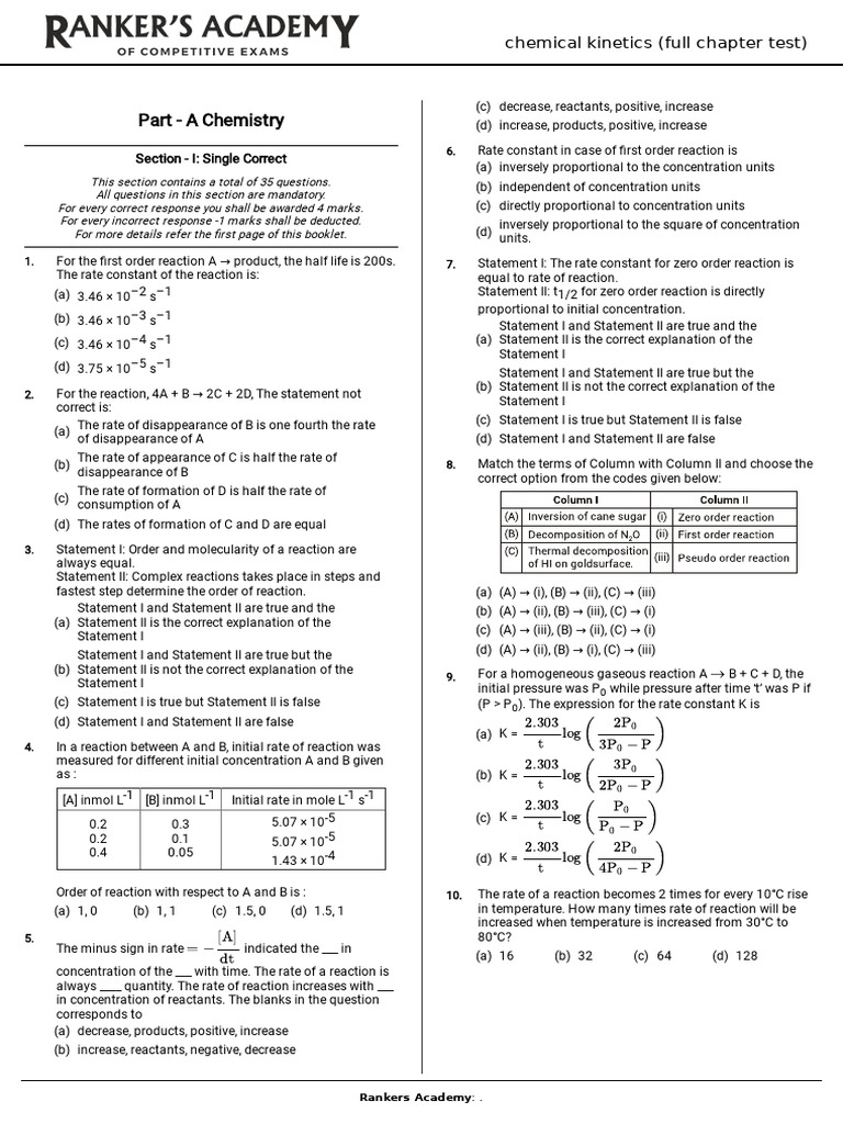 Chemical Kinetics Full Chapter Test | PDF | Reaction Rate | Activation ...