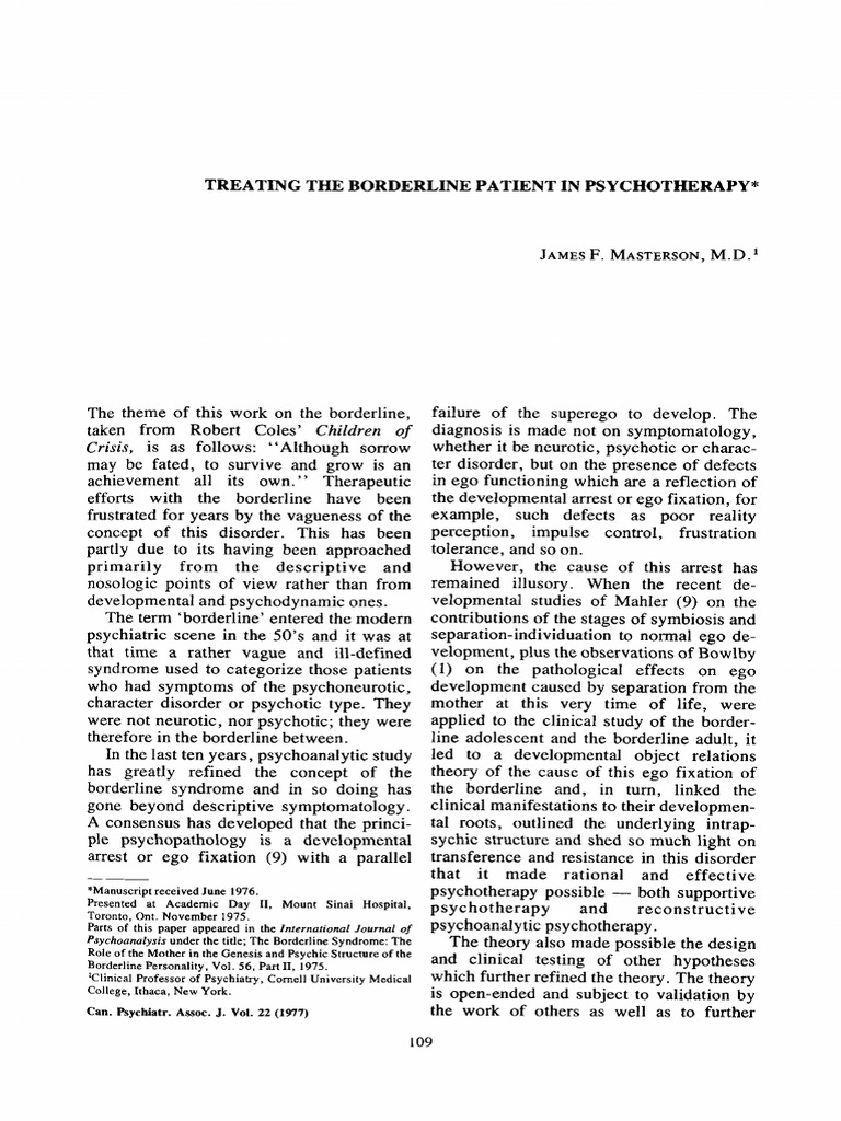 Masterson 1977 Treating The Borderline Patient In Psychotherapy Pdf Object Relations Theory Id