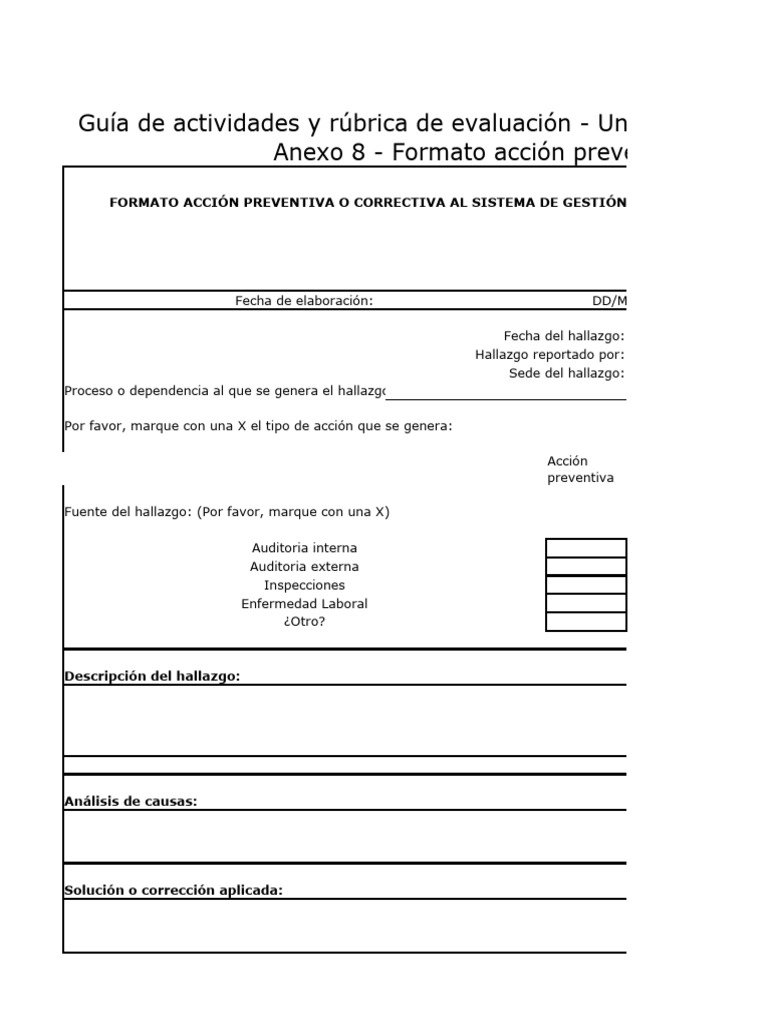 Anexo 8 - Formato Acción Preventiva o Correctiva | PDF