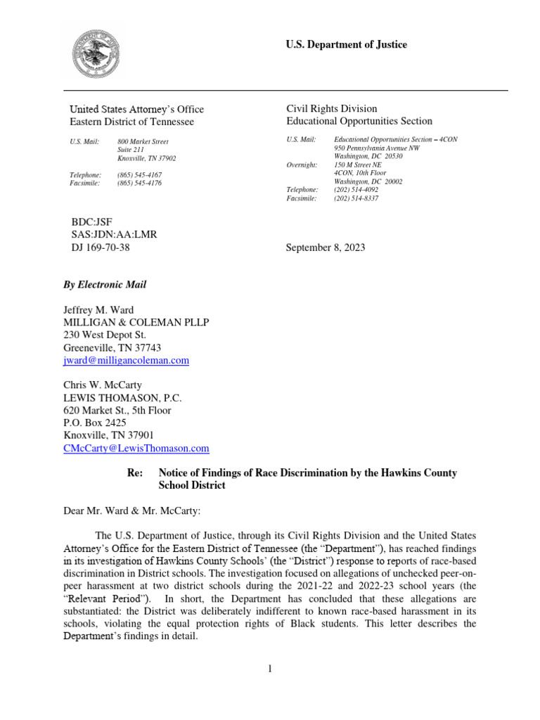 Doj Letter To Hawkins County Schools 0 | PDF | Equal Protection Clause ...