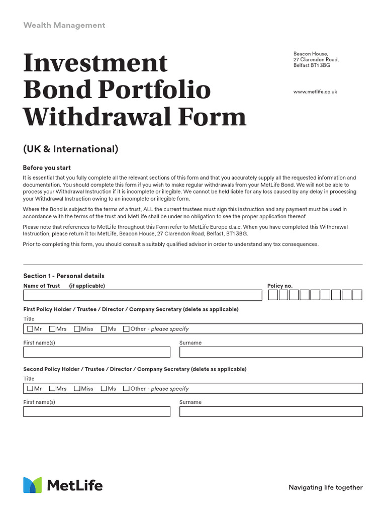 MetLife Bond Withdrawal Form OCT20 | PDF | Indemnity | Business Law