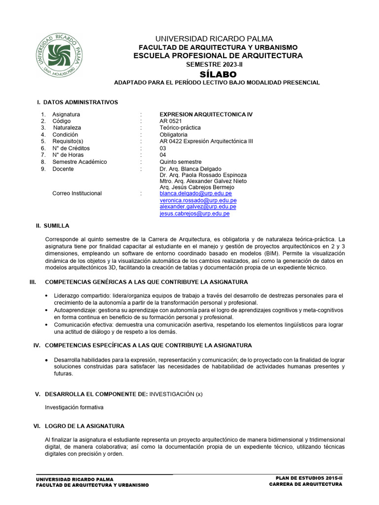 2023-II - Silabo Expr Arq IV | PDF | Evaluación | Autodesk Revit