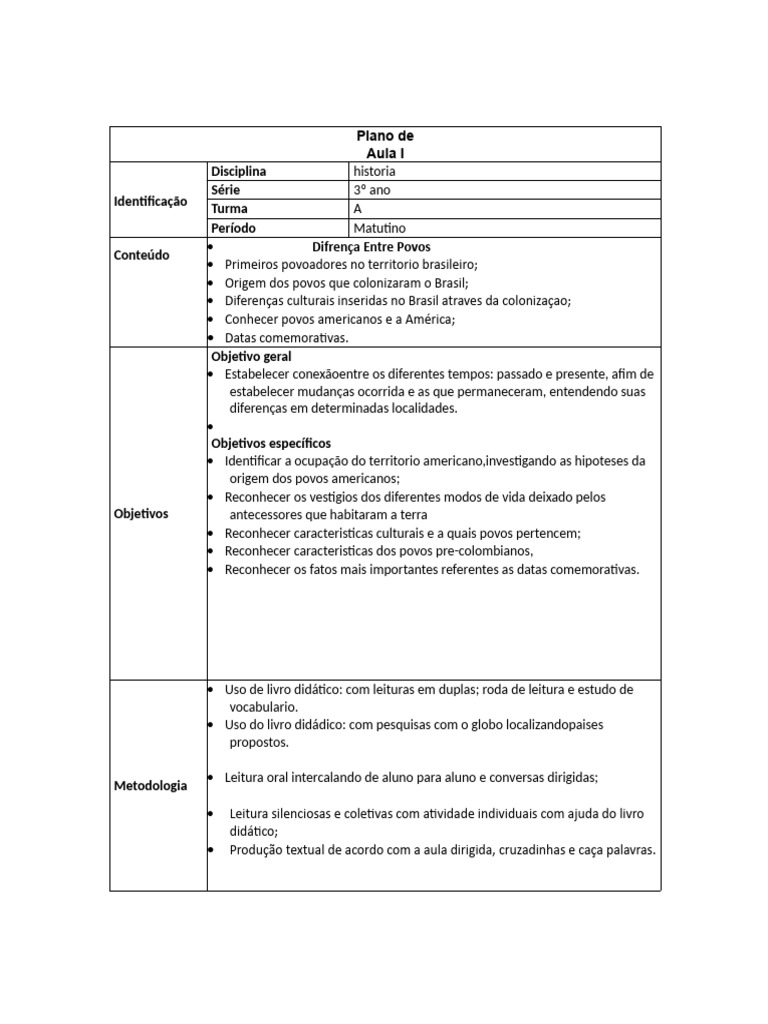 Modelo+de+Plano+de+Aula (1) | Download grátis PDF | Brasil