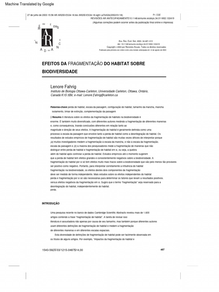 Fahrig (2003) Effects of Habitat Fragmentation on Biodiversity (1 ...