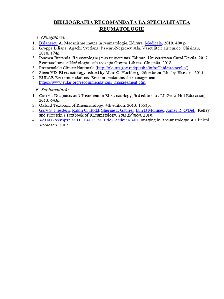 Bibliografia Recomandata Reumatologie | PDF | Science & Mathematics