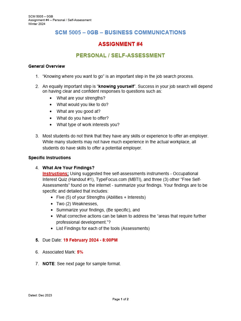 Assignment #4 - Self-Assessment | PDF | Cognition | Behavior Modification